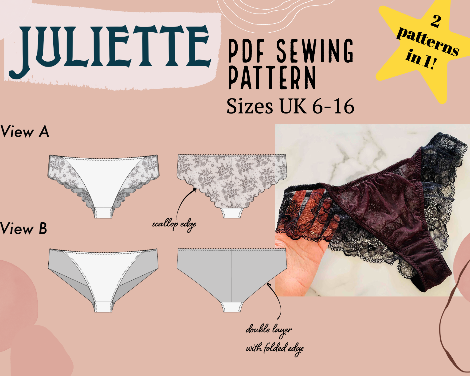 Mid-rise Lace Back Brief Sewing Pattern | Sizes UK 6-16 | Juliette ...